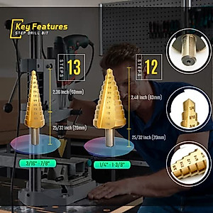 Step Drill Bit for Metal, Step Drill Bit, CORTOOL Titanium High Speed Steel Step Drill Bit Set, Unibit Step Drill Bit, Heavy Duty Step Bit, HSS Drill Bit Set Total 23 Sizes 1/4"-1-3/8", 3/16"-7/8"