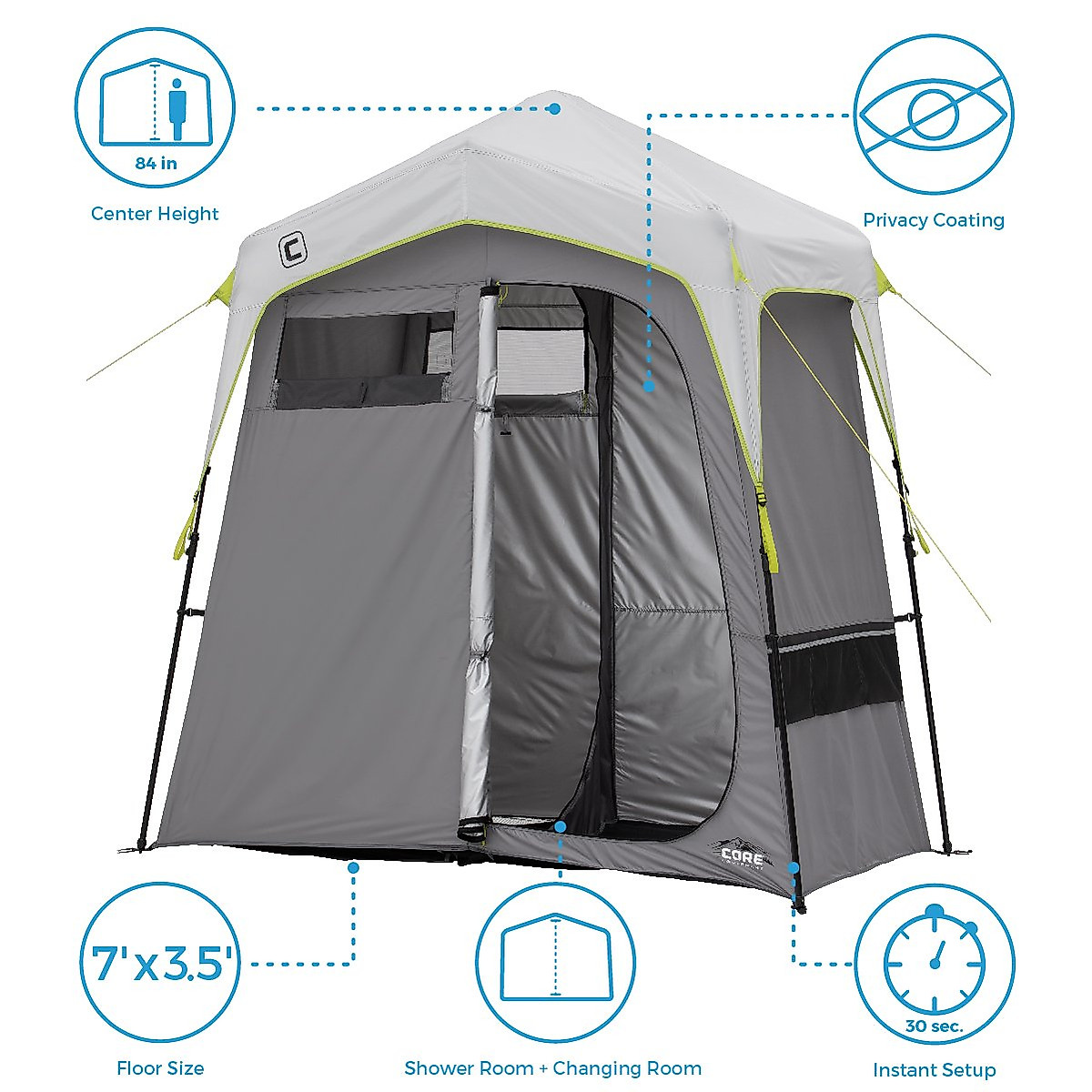 CORE Instant Cabin Shower Tent | 2 Room Camping Utility Tent with Changing Privacy Room | Portable Large Pop Up Tent with Easy 60 Second