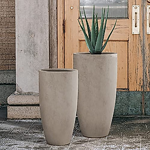 Kante 31.4" and 23.6" H Weathered Concrete Finish Concrete Tall Planters Large Outdoor Indoor Decorative Plant Pots with Drainage Hole and Rubber Plug, Modern Tapered Style for Home and Garden