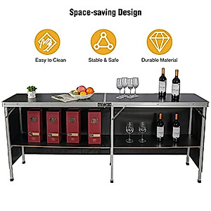 REDCAMP Extra Long Portable Bar Table with Bar Skirts and Storage Shelf, Pop-Up Bar Table for Party, Patio, 78"x33.5"x15",Black