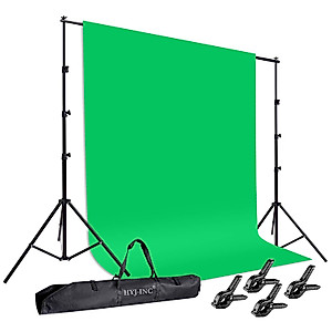 HYJ-INC Photo Background Support System with 8.5 x 10ft Backdrop Stand Kit, 6 x 9.5ft 100% Pure Muslin Chromakey Green Screen Backdrop,Clamp, Carry Bag for Photography Video Studio