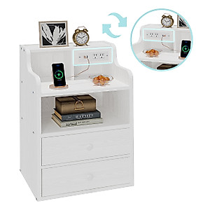 LIKIMIO White Nightstand with Charging Station 2 Drawers and Storage Shelves, Left and Right Interchangeable Sockets Bed Side Table Night Stand with Drawer