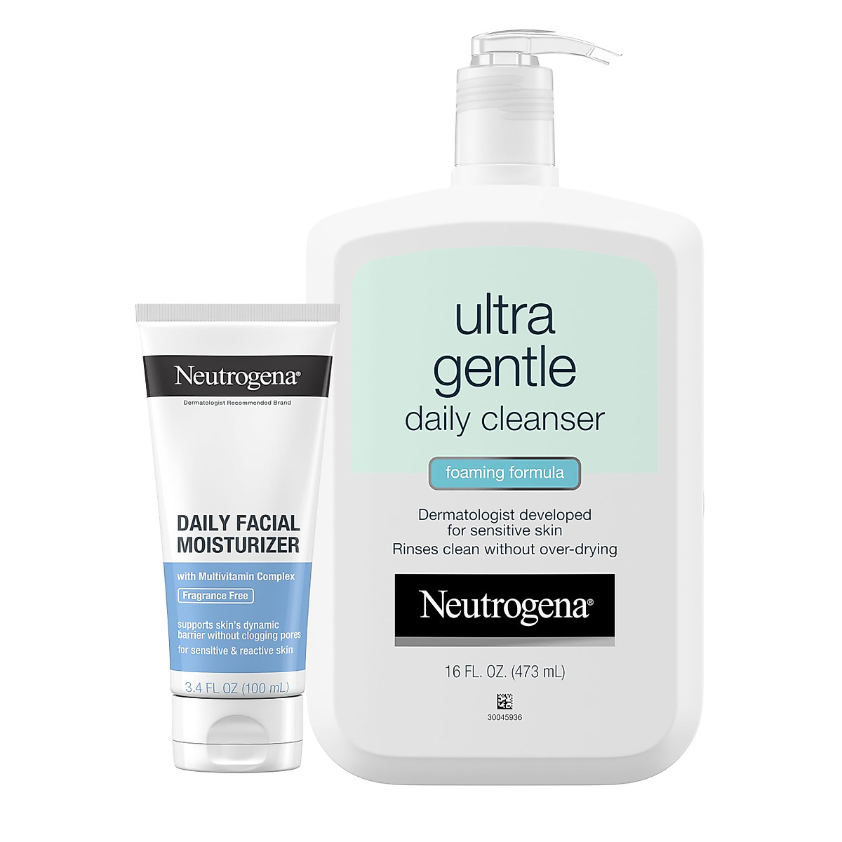 Neutrogena Ultra Gentle Daily Foaming Facial Cleanser, 16 fl. oz, Daily Facial Moisturizer, 3.4 fl. oz, Non-Comedogenic Skincare for Sensitive Skin, 2 Items