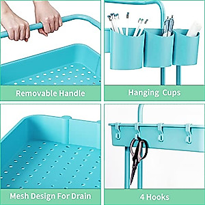 alvorog 3-Tier Rolling Utility Cart Storage Shelves Multifunction Storage Trolley Service Cart with Mesh Basket Handles and Wheels Easy Assembly for Bathroom, Kitchen, Office (Blue)