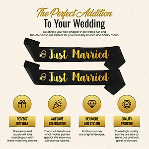 Just Married Sash - 2 Piece Gold Bride and Groom Sash Set | Wedding Party Decorations Bridal Shower Engaged Decor Bachelorette Favors Supplies Gift Decor Bachelor Accessories Engagement Gifts Ribbon