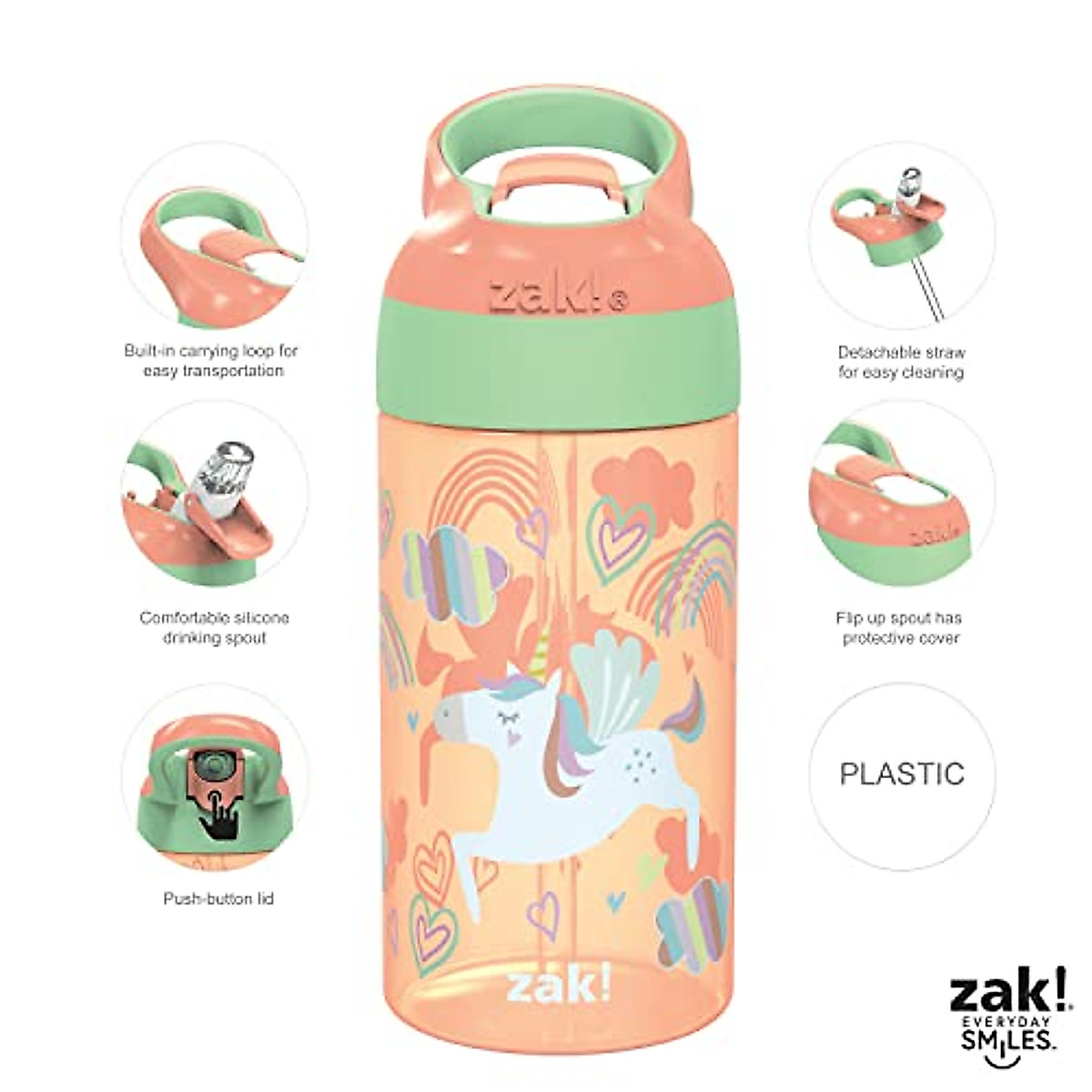 Zak Designs 16oz Riverside Kids Water Bottle with Spout Cover and Built-in Carrying Loop, Made of Durable Plastic, Leak-Proof Water Bottle Design for Travel (Unicorn & Dino Camo, Pack of 2)