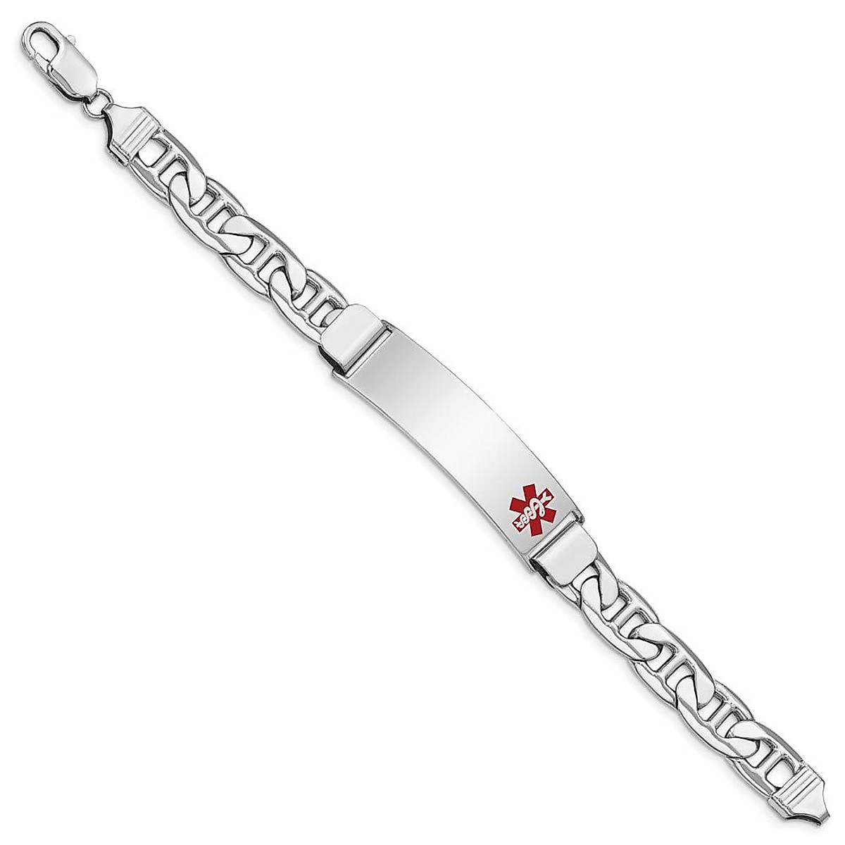 Solid 925 Sterling Silver Enamel RN Registered Nurse Caduceus Symbol Medical ID Emergency Alert Bracelet Anchor Mariner Link Engravable Identification Name Bar Tag - with Secure Lobster Lock Clasp 8"