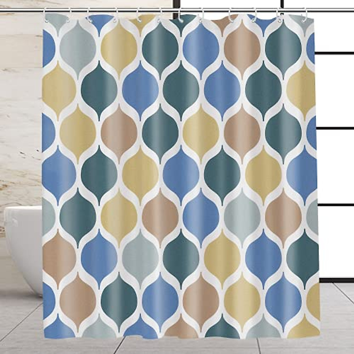 VEGA U Moroccan Fabric Shower Curtain for Bathroom, Geometric Themed Bath Decor with Hooks, 72x72 Inch