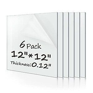 6 Pack Clear Acrylic Sheet 12" x 12"(305 x 305mm) Square Plexiglass Panel 1/8"(3mm) Thick Transparent Plastic Sheets for Sign, Craft, Display Projects, Laser Cutting, Engraving, Painting