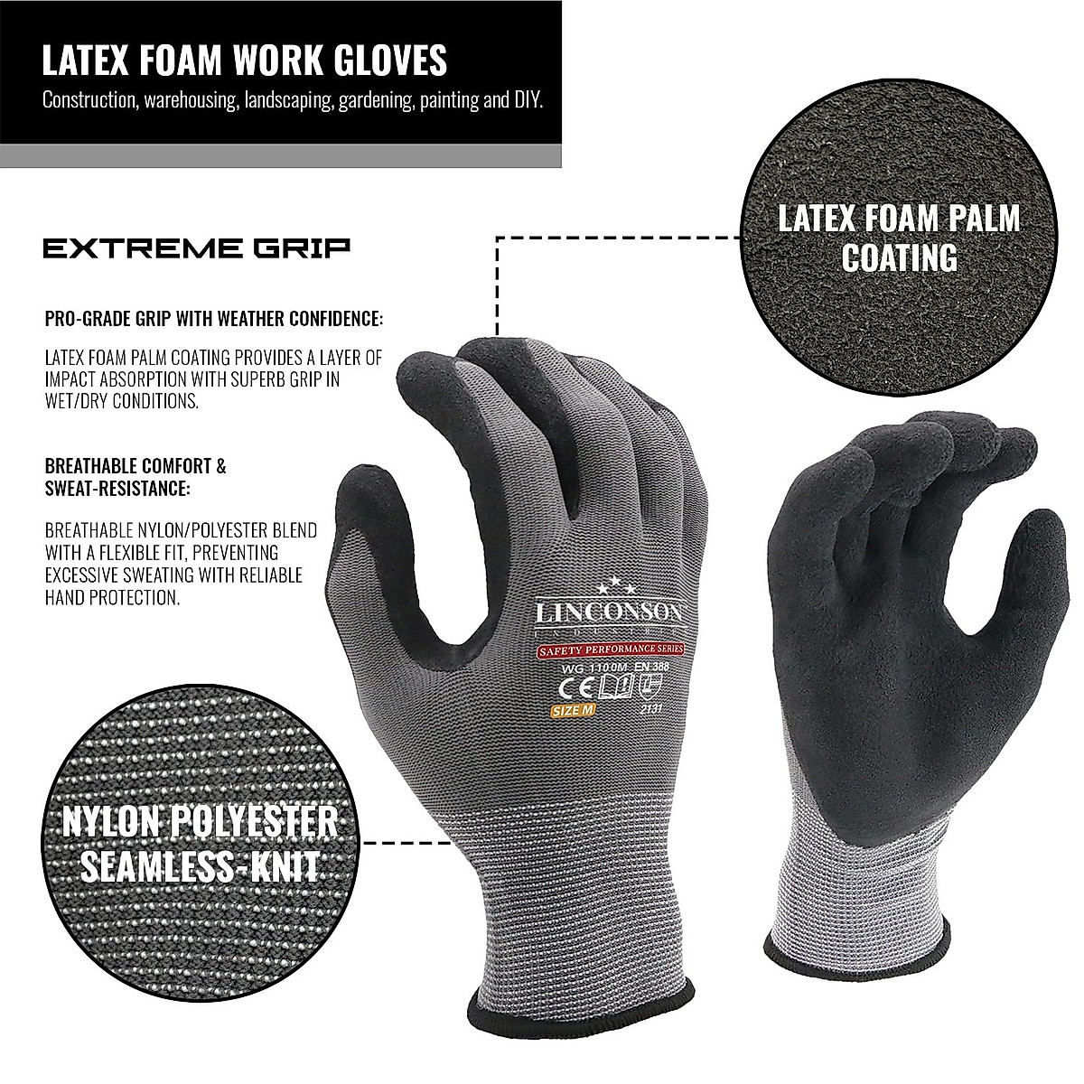 linconson 12 Pack Safety Performance Series Construction Mechanics Work Gloves (L (Pack of 12), Grey)