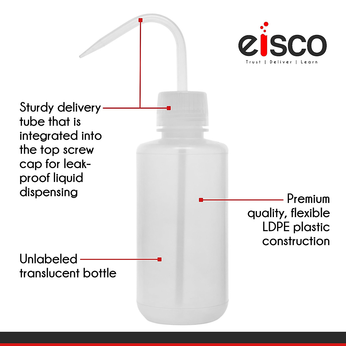 EISCO Wash Bottle, 250ml - Low Density Polyethylene - Translucent, Unbreakable - Screw Cap with Sturdy Delivery Tube, Leak-Proof Dispensing of Liquids Labs