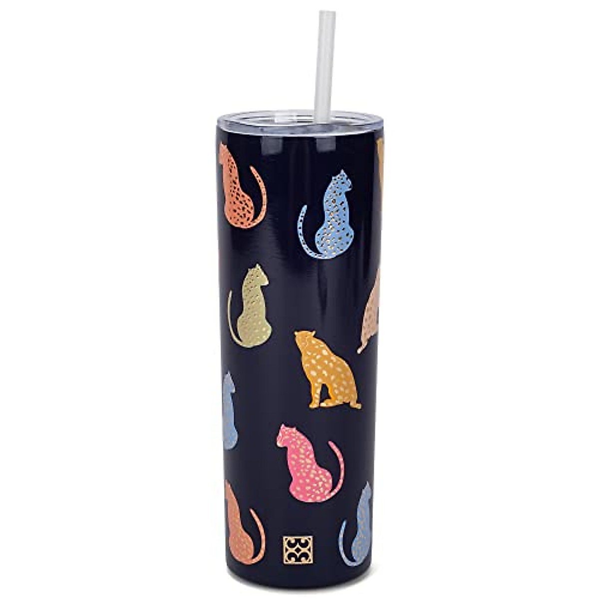 Mary Square Leader of the Pack Leopard Navy 20 ounce Stainless Steel Skinny Tumbler with Straw