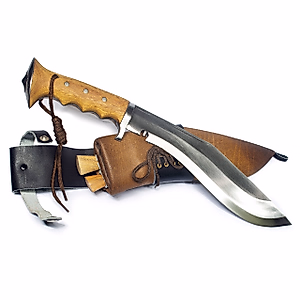 ESK Hand-Hammered Historical Iraqi Kukri Knife, 10” Blade Carbon Steel Kukri with Leather Sheath and 2 small knives, Handmade in Nepal by Bishwakarmas
