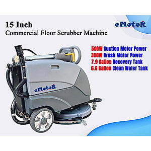 Emotor 15'' Foldable Walk Behind Hand Push Floor Scrubber Machine for Industrial Commercial Use, Upgrade Automatic Water Flow, Machine Size 32"X18"X25"(Gray)