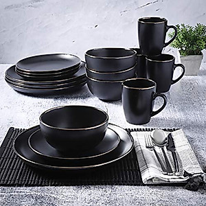 Gibson Home Rockaway Round Stoneware Dinnerware Set, Service for 4 (16pcs), Black/Gold Rim