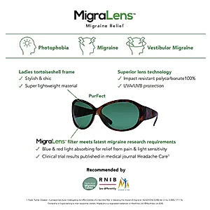 MigraLens Migraine Relief Glasses Women's Frame, Purfect Style | For Chronic Light Sensitivity | Green Lenses
