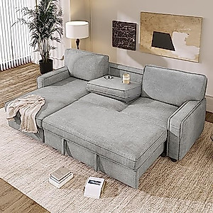 LUMISOL 89" Convertible Pull Out Sleeper Sofa Bed, L-Shaped Sectional Sofa with Reversible Storage Chaise, Reversible Sofa Couch with Cup Holders and USB Ports for Living Room, Small Apartment