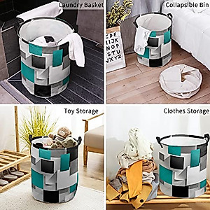 Teal Geometry Large Laundry Basket, Waterproof Laundry Hamper for Baby Clothes, Modern Abstract Art Ombre Black Grey Foldable Laundry Baskets with Handles, 16.5''x17''