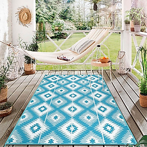 Ileading Reversible Outdoor Rug 4x6Ft Waterproof Patio Rug Carpet Portable Outdoor Plastic Straw Rug Large RV Camping Mat Rug for Patio, Clearance, Deck, Beach, Porch, Camping, Picnic, Gradual Teal