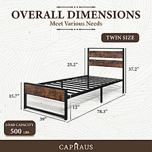 CAPHAUS Metal Bed Frame with Modern Wood Headboard and Footboard, Mattress Foundation, Metal Platform Bed with Premium Steel Frame, Noise-Free, No Box Spring Needed, Twin Size, Rustic Oak