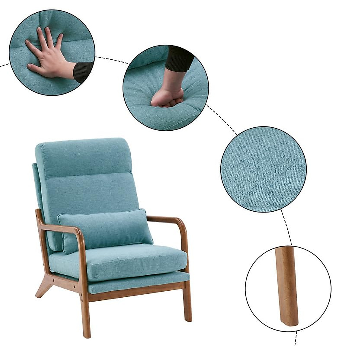 High Back Accent Chairs for Living Room Arm Chair Mid-Century Modern Chair w/ Pillow,Single Lounge Armchair Comfy Reading Chair for Bedroom,Apartment,Dorm, Office,Supports 330 Lbs,Easy Assembly,Teal