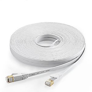 CelerCable - Flat Ethernet Cable Shielded(STP) Cat7 100ft with Snagless RJ45 Connectors, Long Slim Network Cable Flat Cat 7 Ethernet Patch Cable, Internet Patch Cable Computer Networking Cord (White)