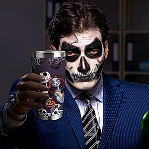 Zzkol Halloween Jack Sally Tumbler with Lid and Straw, Night. m are be. Fore Xmas Spooky Pumpkin Stainless Steel Travel Coffee Cup, 20oz Fall Autumn Double Wall Vacuum Insulated Mug Halloween Gifts