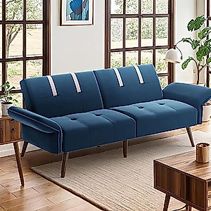 Shintenchi 79" Futon Sofa Bed, Small Modern Loveseat Sofa Velvet 2-Seat Sofa Couch Foldable Couch Convertible Loveseat w/Adjustable Armrests Backrest for Living Room Small Space Deep Blue