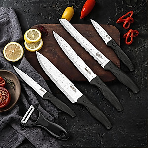 Tieplis 6PCS Kitchen Knife Set, Stainless Steel Sharp Blade with Nonstick Ceramic Coating, Cooking Cutting Knives Set, Ink Splatter Dot Pattern, PP Anti-Slip Handle, Rust Proof, Dishwasher Safe