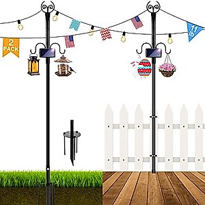 WY String Light Poles for Outdoor String Light - Light Pole with Hooks & Solar Panel Base to Hang up LED Lighting - Backyard, Garden, Patio, Deck Lighting Stand for BBQ, Party, Bistro & Weddings