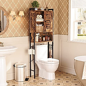 HOOBRO Over The Toilet Storage Cabinet, Mass-Storage Over Toilet Bathroom Organizer with Louver Door, X-Shaped Metal Frame, Space-Saving Toilet Rack, Easy Assembly, Rustic Brown BF431TS01