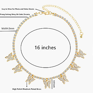 SUNXN Butterfly Necklace Tennis Chain Butterfly Choker CZ Bling Butterfly Silver Gold Pendant Necklace Gift for Women Jewelry (3mm-gold)