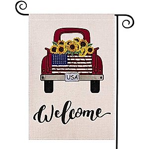 LHSION Welcome Red Truck Garden Flag 12.5 x 18 Inch Sunflowers Decorative Double Sided Burlap Flag for Summer Fall Decoration