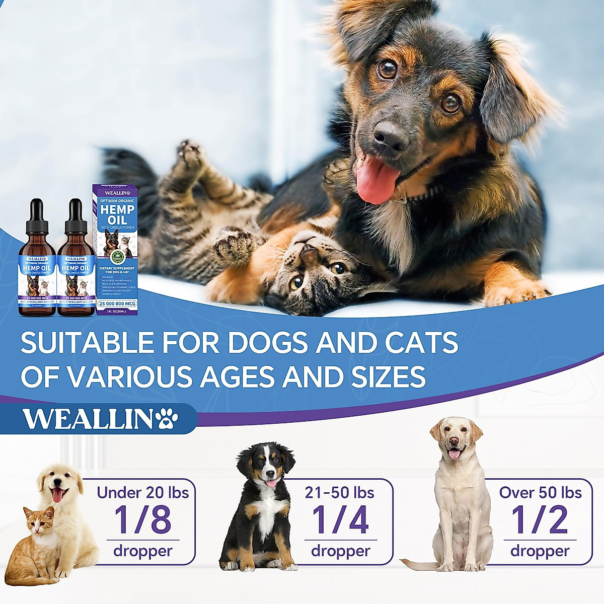 WEALLIN Hemp Oil for Dogs and Cats, Rich in Omega 3, 6, 9 and Organic Extract Helps Pets with Anxiety, Pain, Skin and Coat Health, Stress, Hip and Joint Support