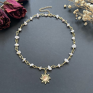 QqzsJewls Rose Quartz Necklace Real Crystal and Healing Stone Choker Friendship Necklace Protection Pink Bead Aesthetic y2k Necklace Dainty Sun Pendant Vintage Rosary Necklace Women