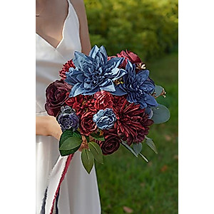 Udoula Burgundy Artificial Flowers Combo Pack, Faux Navy Blue Flowers Wedding Combo for DIY Wedding Bouquets Combo Arrangements Party Bridal Baby Shower centerpieces