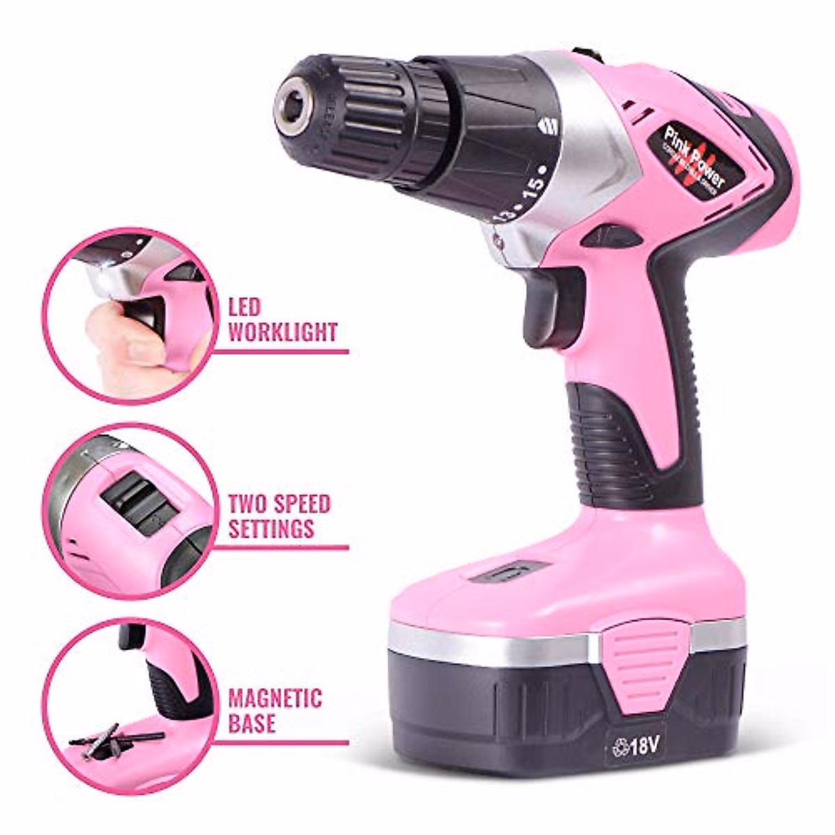 Pink Power Drill Set for Women 18V Pink Cordless Drill Driver Tool Kit for Women Electric Drill, Power Drill Set with Tool Case, Battery, Charger & Drill Bit Set - Lightweight Screwdriver Drill