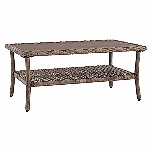 Signature Design by Ashley Clear Ridge Outdoor Wicker Coffee Table with Rust Free Aluminum Base, Light Brown