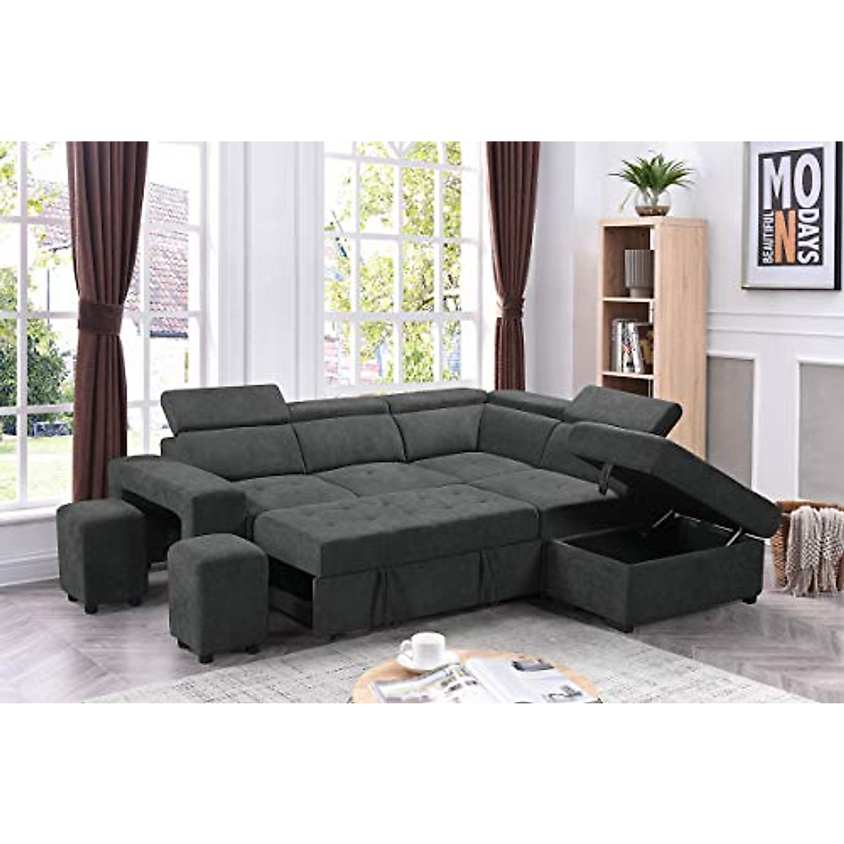 FANYE L-Shaped Oversized Convertible Tufted Sleeper Sectional Sofa with Pull Out Sleeper Couch Bed,Adjustable Headrests, Padded Armrests,Movable Stools and Storage Ottoman for Living Room
