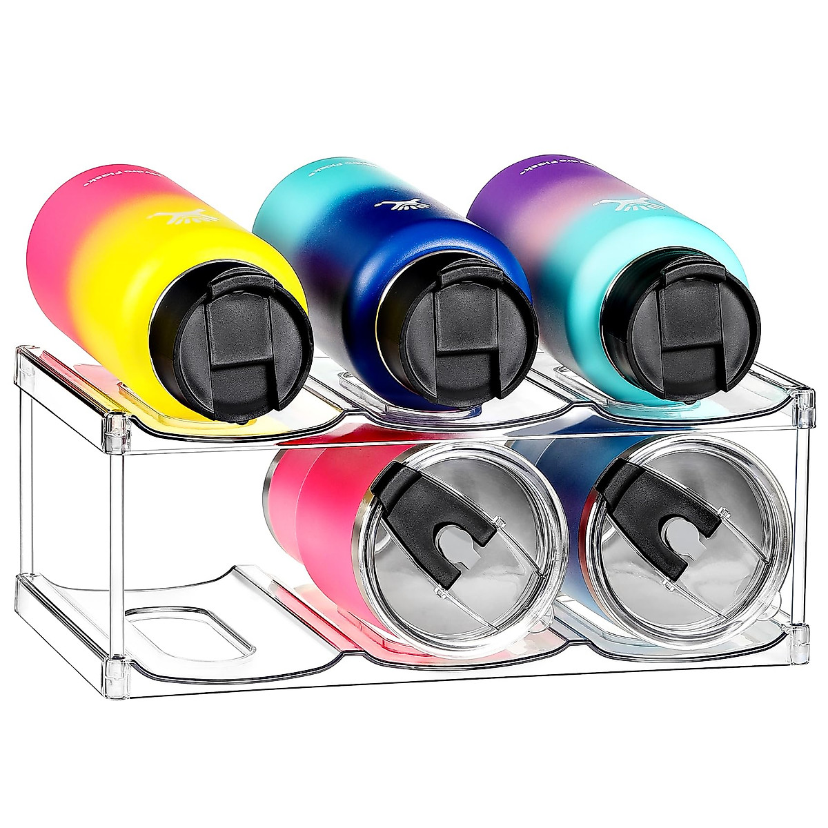 2 Tier Stackable Water Bottle Organizer for Cabinet - Premium Clear Holder for Tumbler, Travel Bottle, Wine Rack Display - Home Kitchen Pantry Refrigerator Organization and Storage - Hold 6 Bottles