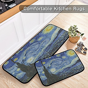 ALAZA Van Gogh Starry Sky Oil Painting 2 Piece Kitchen Rug Floor Mat Set Runner Rugs Non-Slip for Kitchen Laundry Office 20" x 28" + 20" x 48"