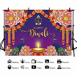 MEHOFOND 7x5ft Happy Diwali Party Backdrop Purple India Light Festival Photography Background Candle Burning Light Floral Peacock Diwali Party Decorations Cake Table Banner Photo Studio Supplies
