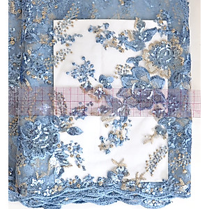 SanVera17 African Fabric Net Fabrics Sequins Embroidery Nigerian Embroidered Lace Fabric for Party Dress (Sky Blue) 5 Yards 2206-5