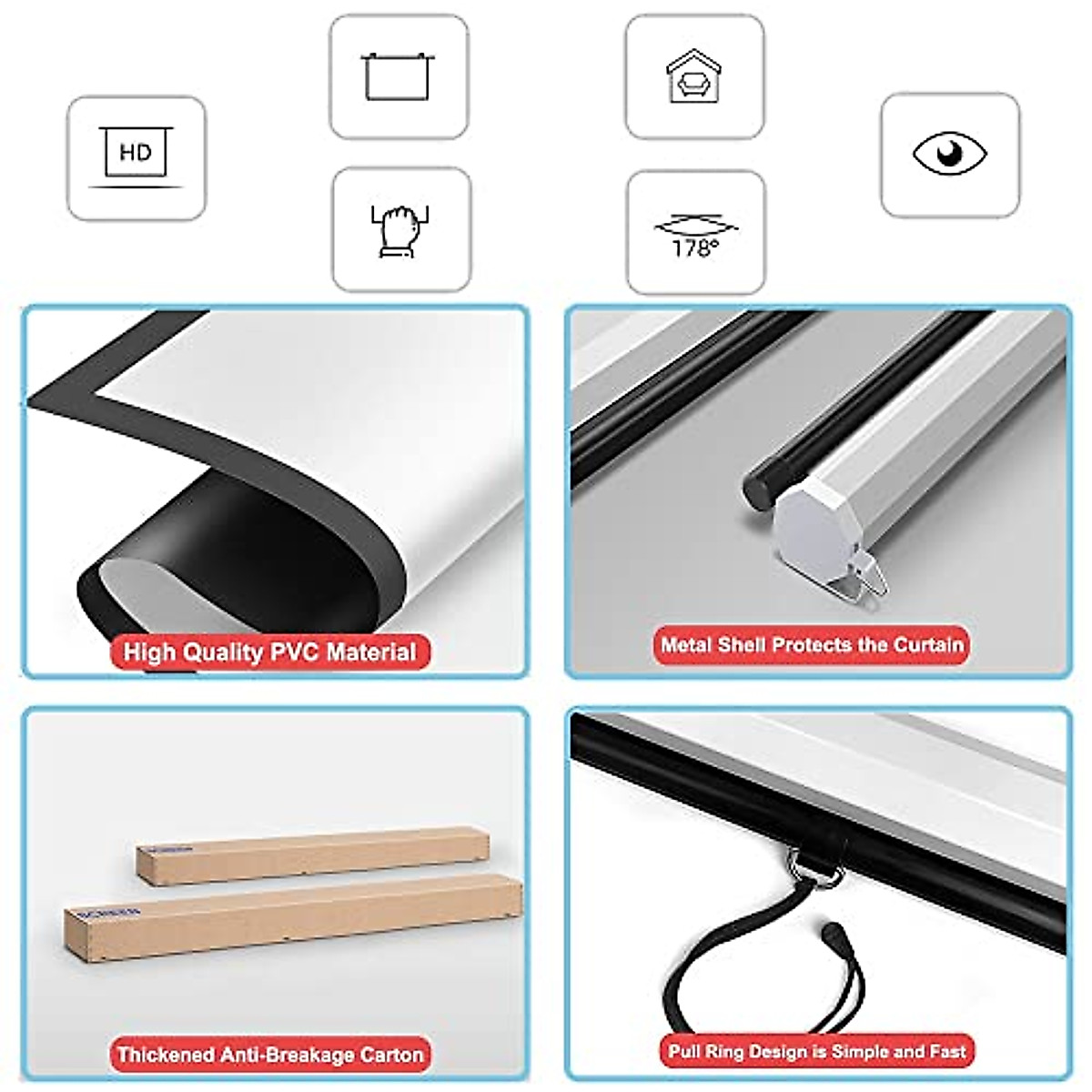 Manual Pull Down Projection Screen, 60-inch Portable HD Movie Screens, Wall-Mounted/Hanging Projector Screen, Anti-Rust Metal Shell, Support 4:3 16:9 3D 4K (Size : 60Inch 16-9)