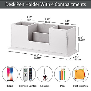 Desk Pencil Holder,Pen Cup Holder for Desk,Desktop Organizer White Pen Holder, PU Leather Desk Organizer Office Supplies with 4 Compartments Storage for Business Card/Pen/Pencil