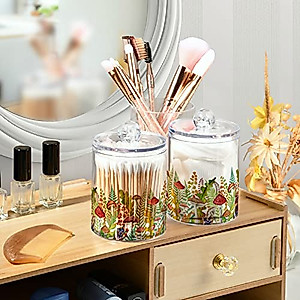 GOODOLD Fall Leaf Mushroom Apothecary Jars with Lids for Bathroom - 10 OZ Qtip Holder Clear Plastic Jar Storage Canister for Cotton Balls, Swabs, Makeup Organizer, 2 Pack