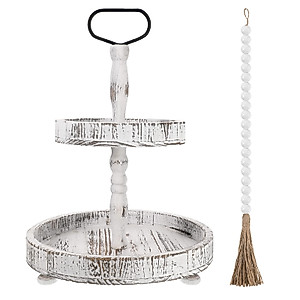 Tiered Tray Cupcake Stand 2 Tiered Tray Stand and Wood Beads Decorative Trays with Handle, Round Rustic Stand for Kitchen, Homeware Display Platters for Party (White)