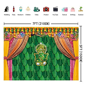 INRUI Indian Pooja Photography Background Green Banana Leaf Curtain Decorations Indian Bridal Shower Wedding Party Photo Backdrop (7x5FT)