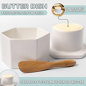French Butter Crock w/Lid & Wood Spreading Knife - White Modern Butter Keeper for Counter - Modern Hexagon Shape Butter Dish - Stoneware Butter Crock - Dishwasher Safe Butter Storage