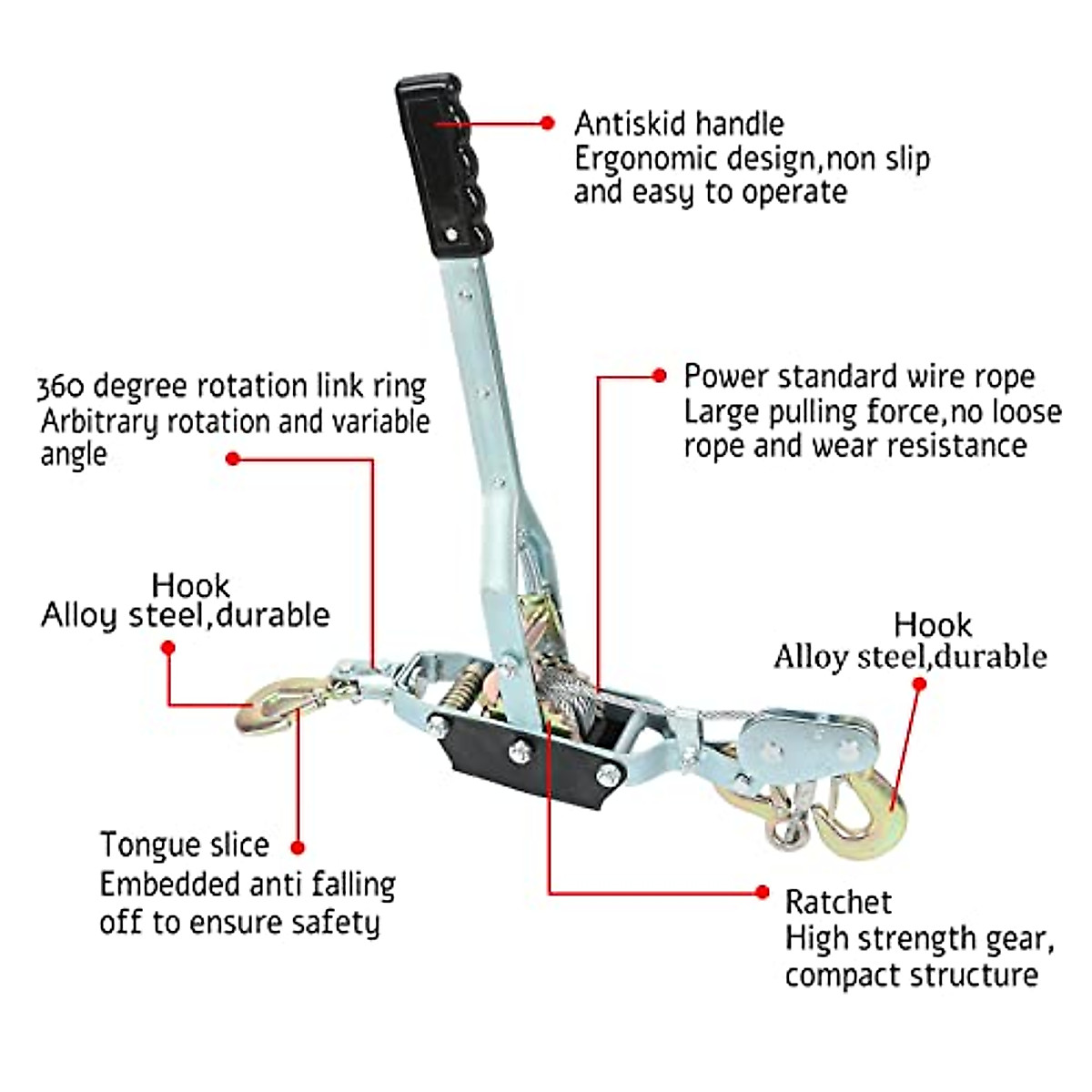 5 Ton Heavy Duty Steel Cable Dual Gear Power Ratchet with 3 Hooks Automotive Hoist Cable Puller Come Along Winch Hoist Come Along Cable Lever